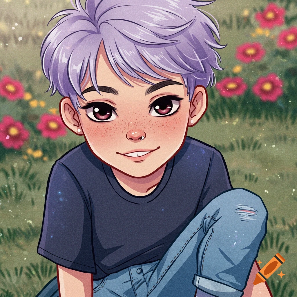 Anime style portrait of a boy with purple hair and freckles sitting in ...