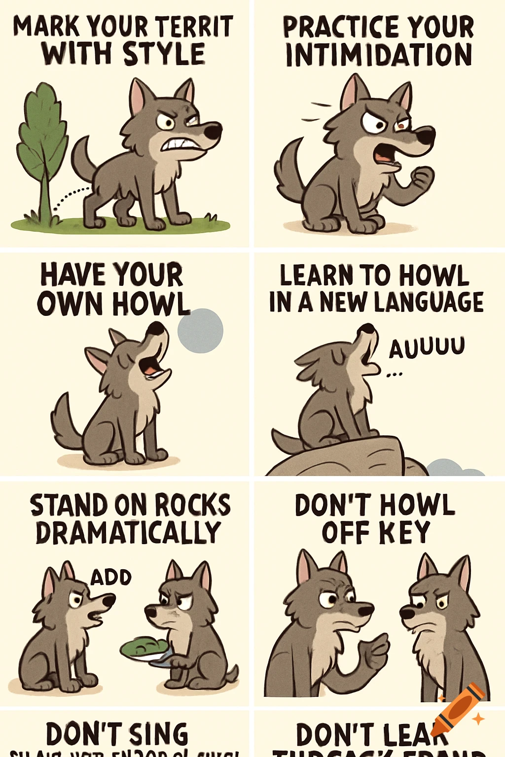 A cartoon comic strip showing wolves doing various actions like marking ...