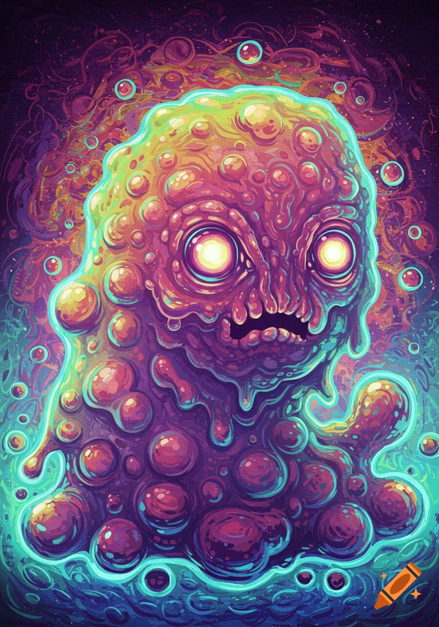 A vibrant, psychedelic illustration of a bubbly, blob-like creature ...