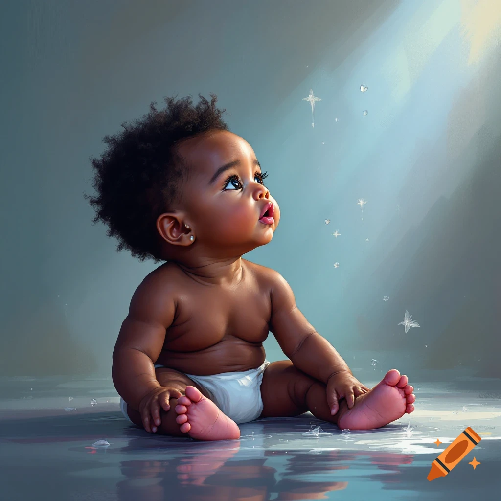 A cute baby sits and looks up into a beam of light. on Craiyon