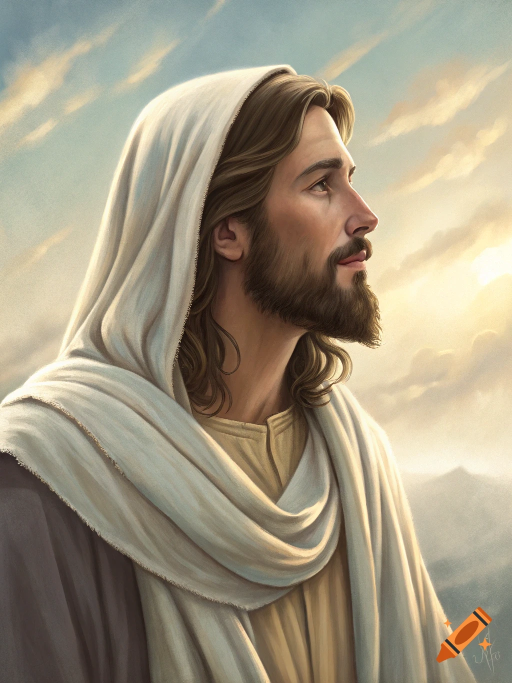 Painted portrait of Jesus looking up to the sky at sunset on Craiyon