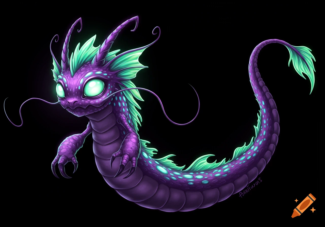 A purple and green fantasy monster with glowing eyes and a long tail ...