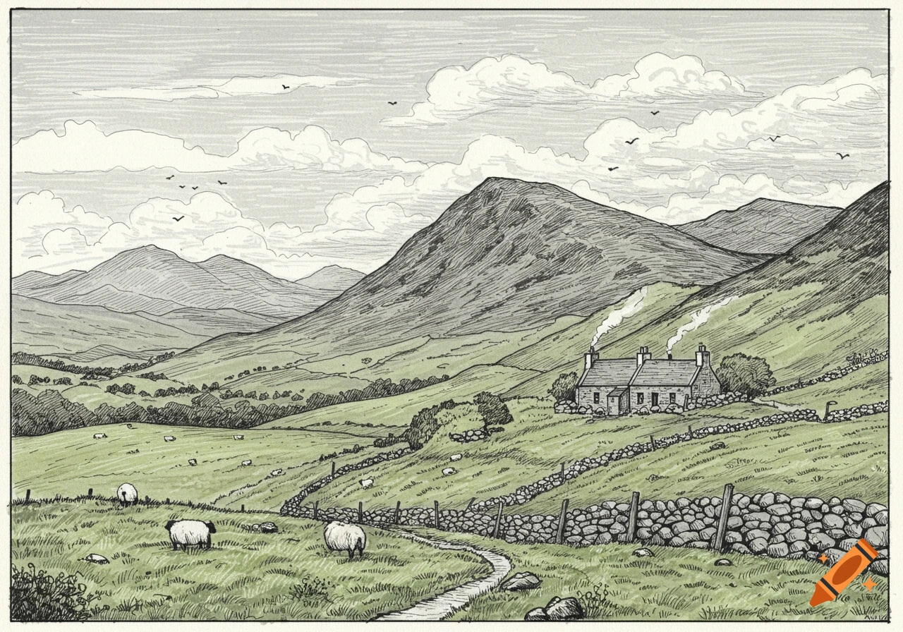 Sketch of a rural landscape with a cottage, sheep, hills, and stone ...