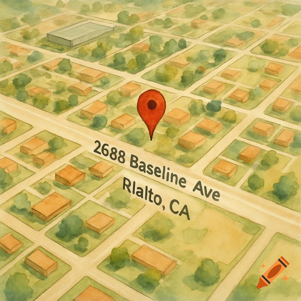 Watercolor illustration of a map showing houses, streets, a location ...