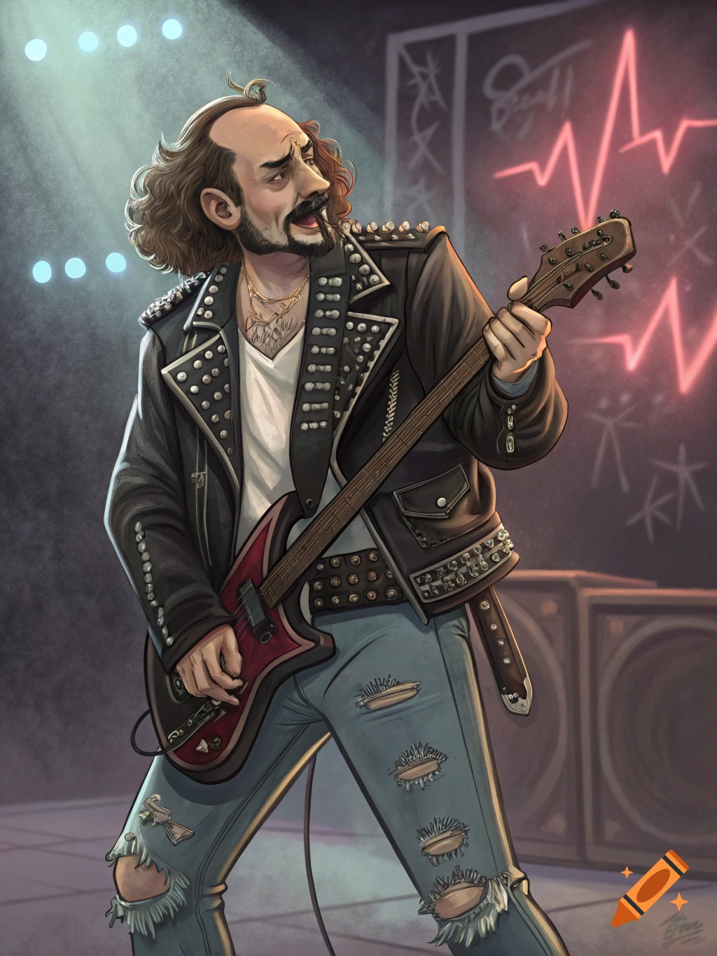 A stylized illustration of a man dressed as a rocker playing guitar on ...