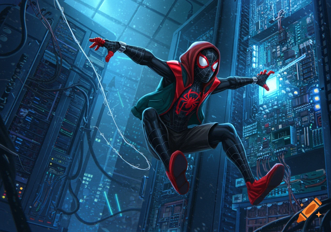 Miles Morales as Spider-Man swings through a server room, reaching for ...