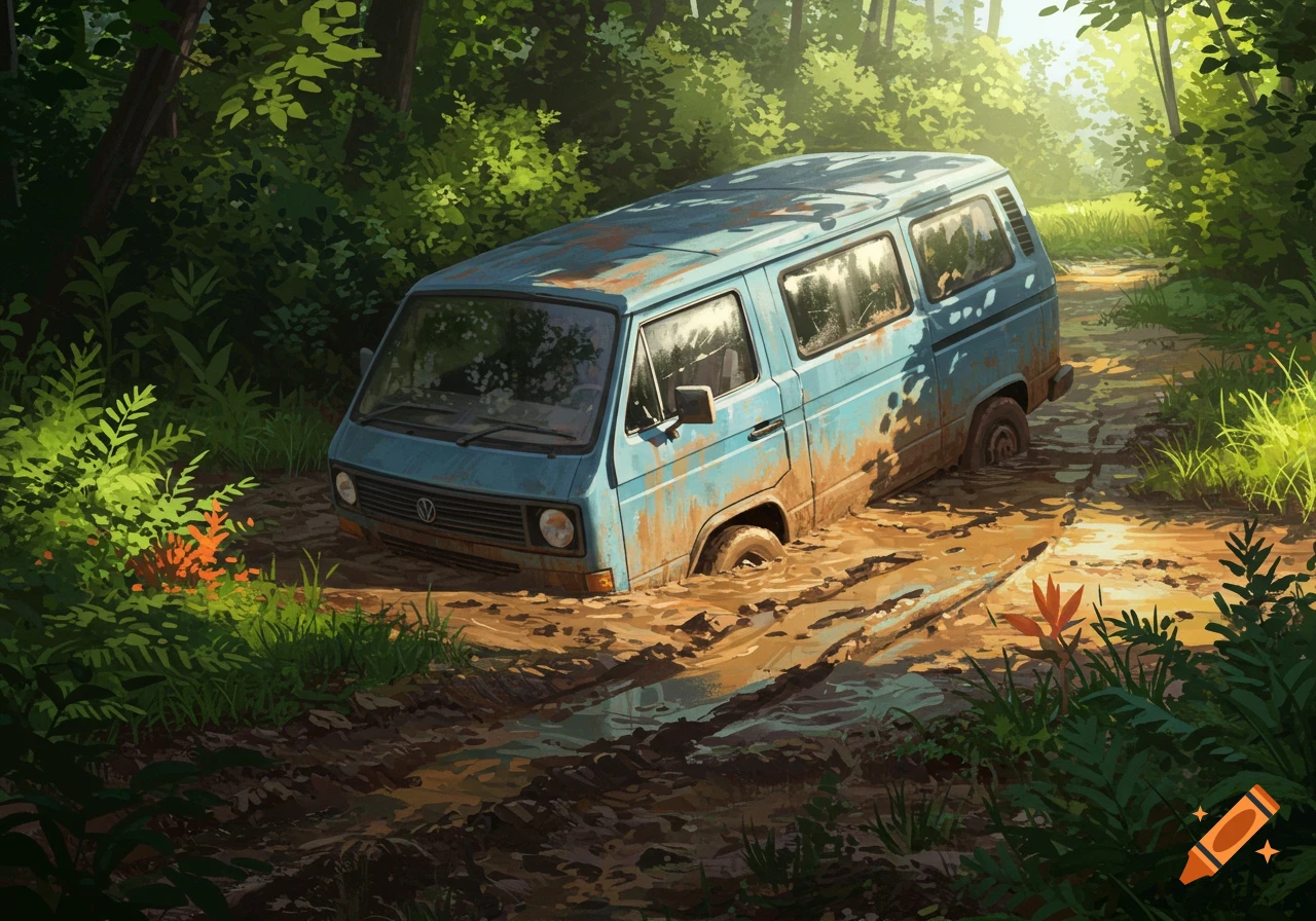 Blue van stuck in mud on a forest track, illustration style. on Craiyon