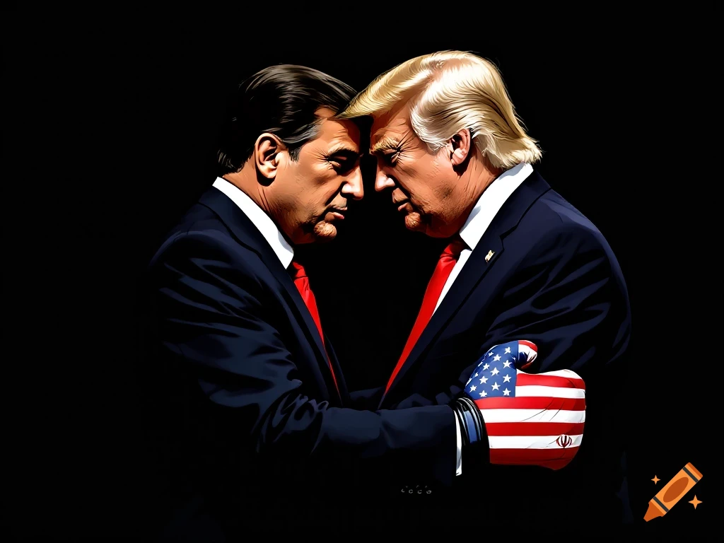 Illustration of Trump and Pezeshkian facing each other with US and Iran ...