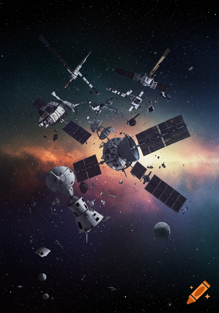 Space debris and satellites float in deep space with a colorful nebula ...