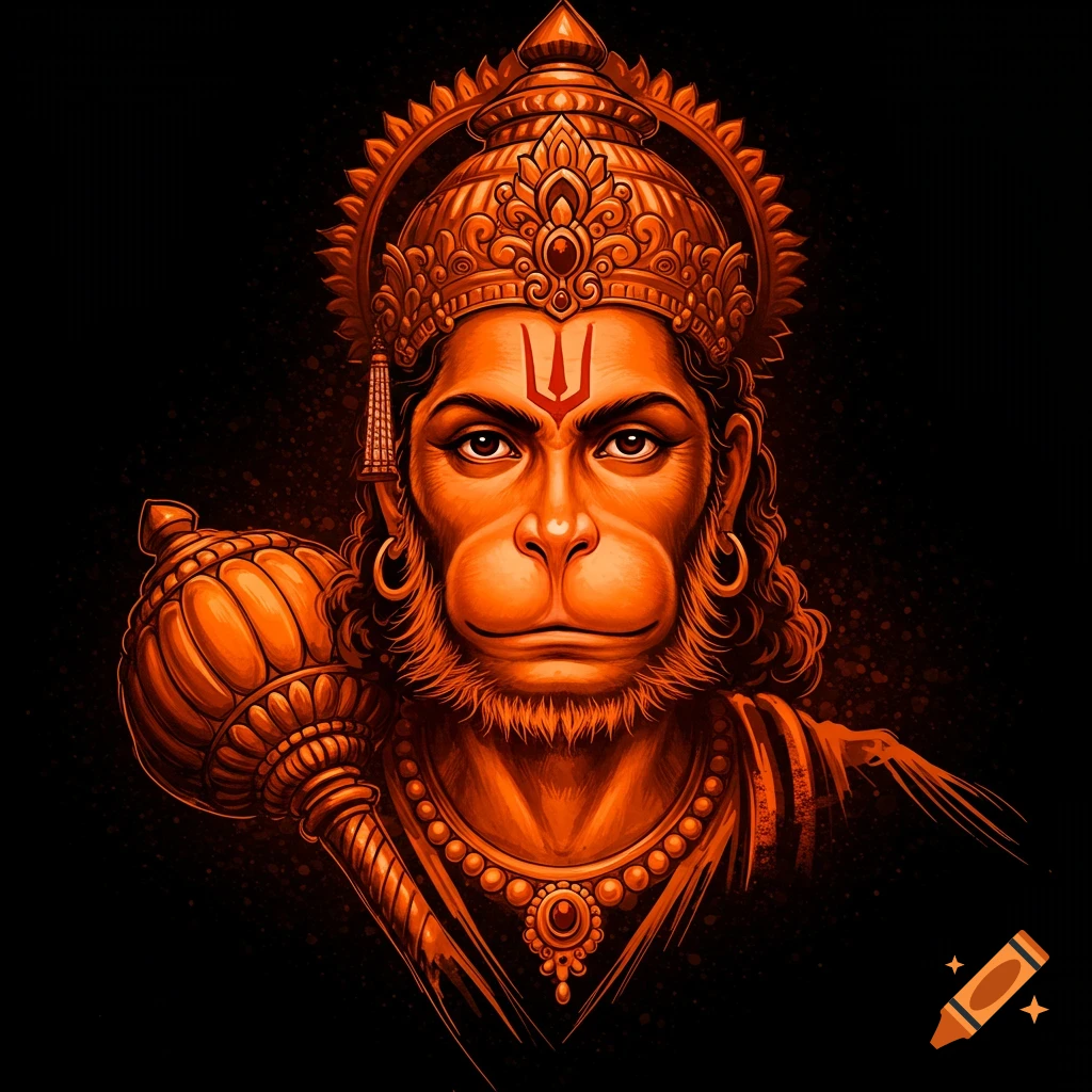 Close-up portrait of Hanuman holding a mace, rendered in orange and ...