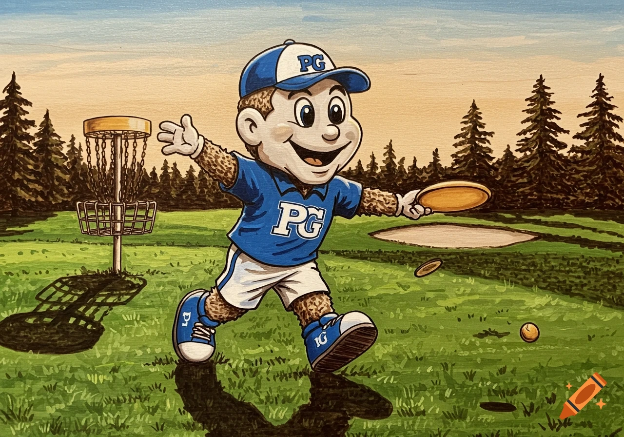 Cartoon mascot Mr PG plays disc golf in a park. on Craiyon