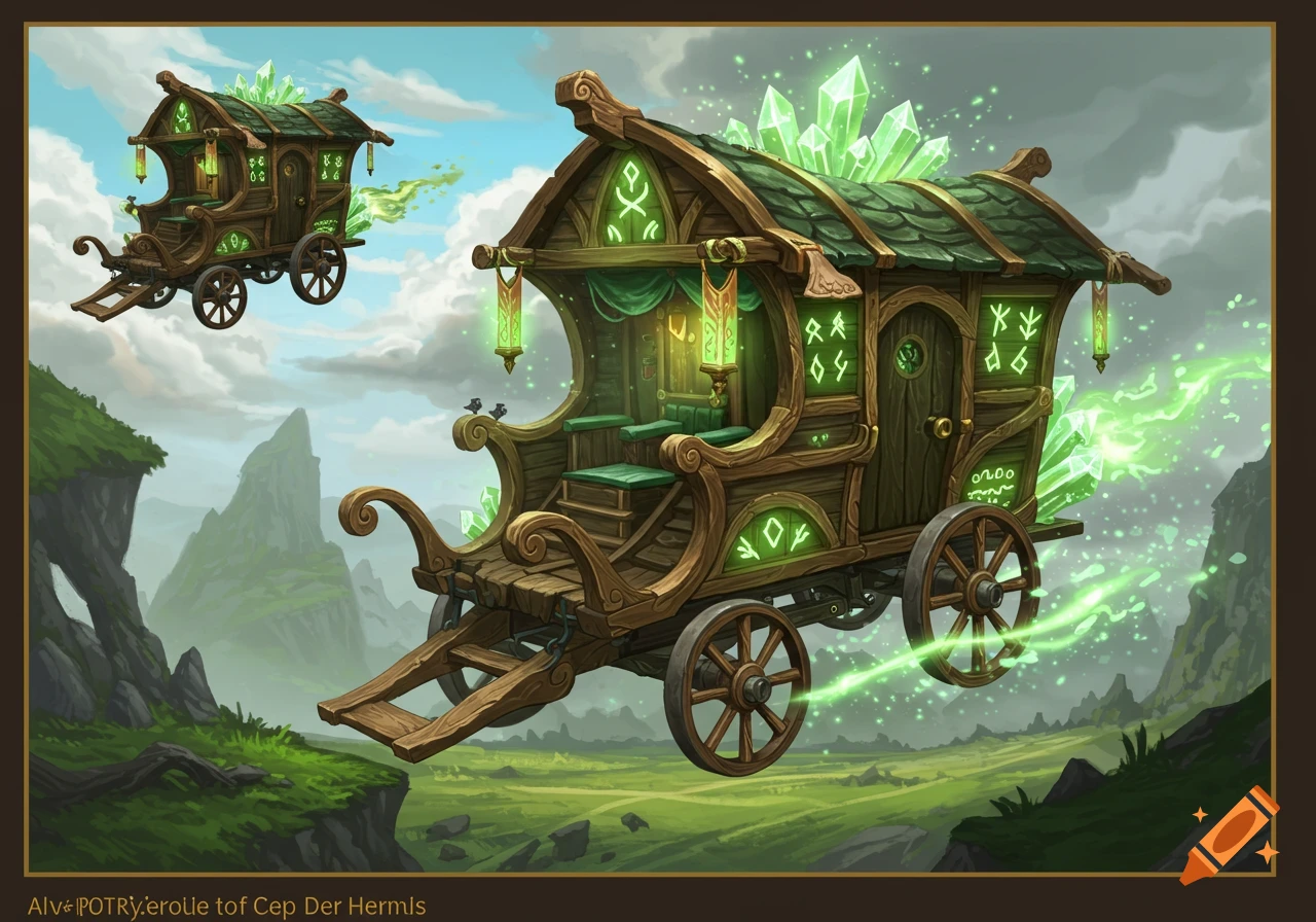 Fantasy wagons with glowing green runes and crystals float above a ...