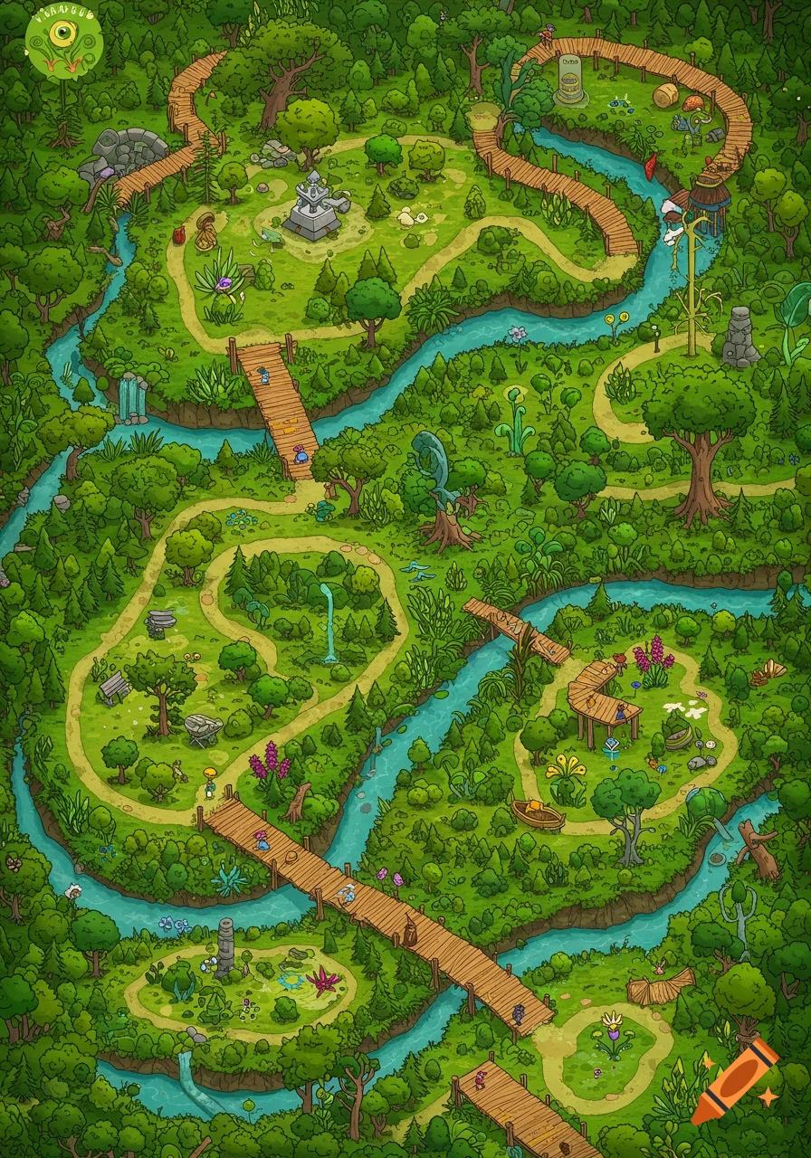 Overhead map illustration of a fantasy forest with paths, river ...