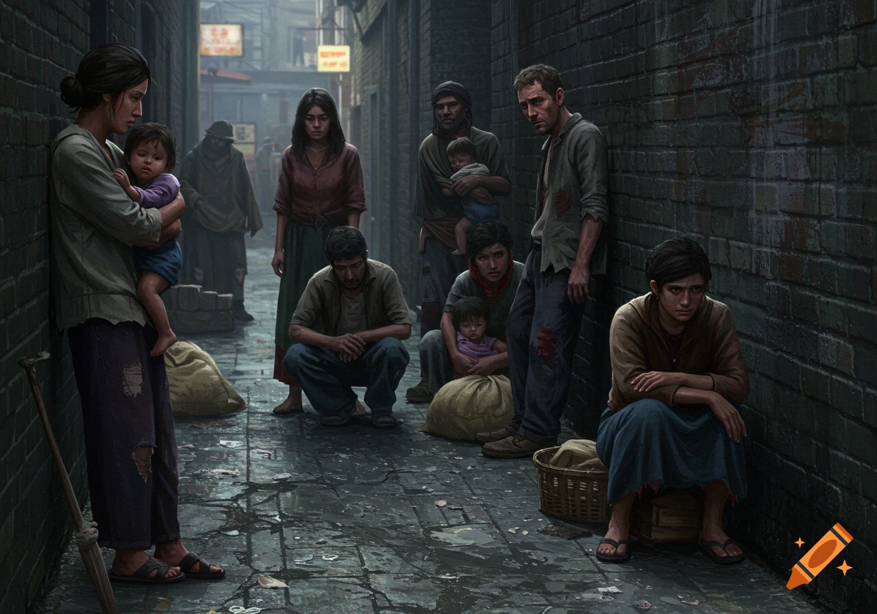 A group of impoverished people, including women holding children, stand ...