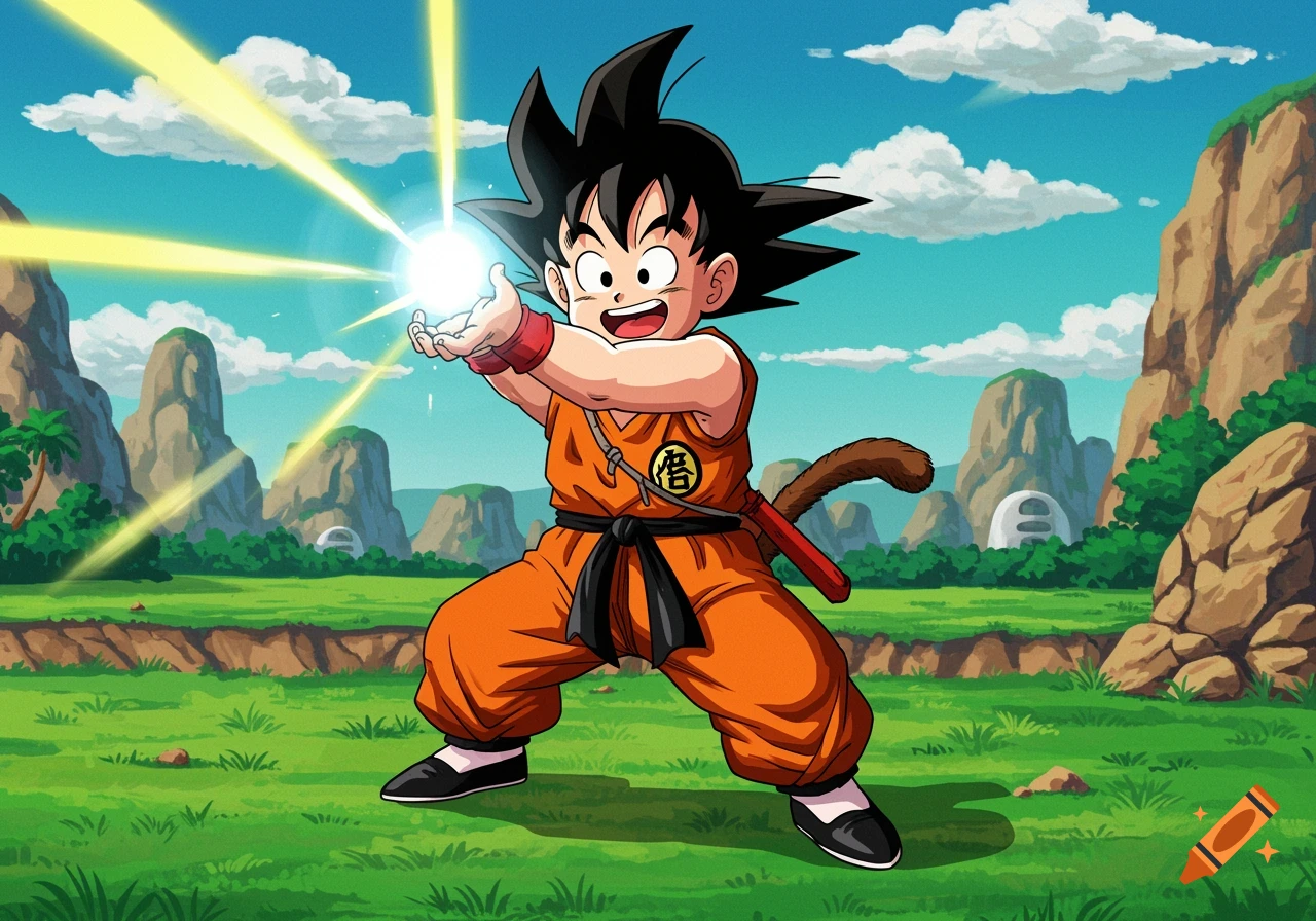 Kid Goku holds a glowing energy orb, preparing an attack in a landscape ...