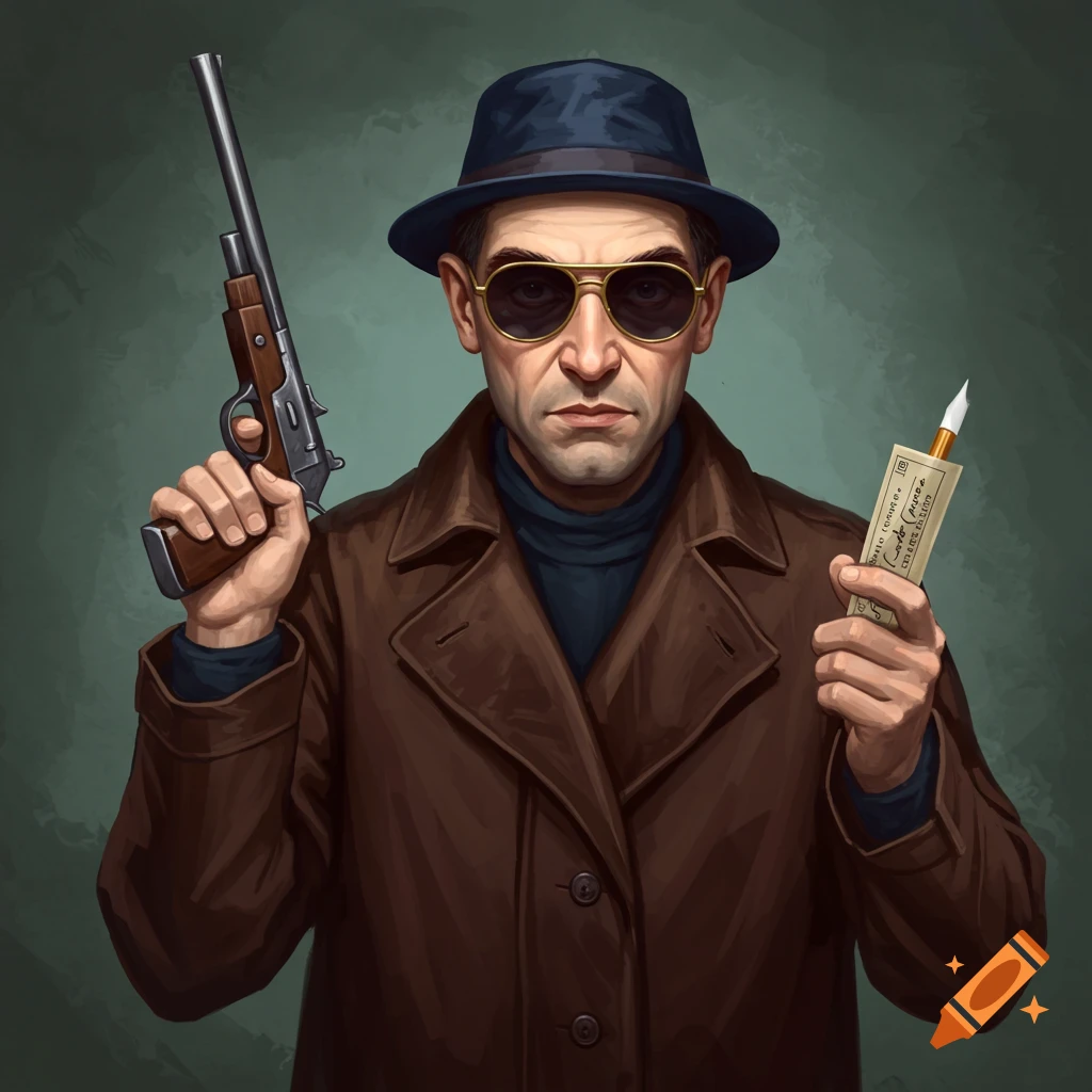 Illustration of a man in a hat, coat, and sunglasses holding a handgun ...