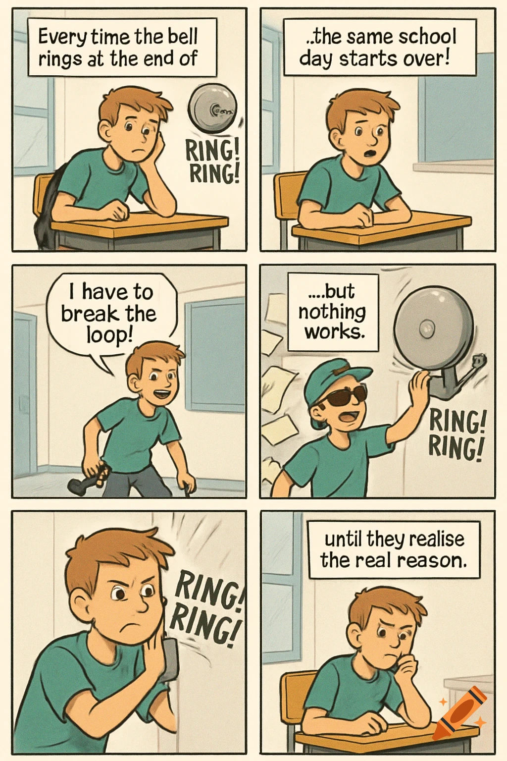 Six panel comic about a student stuck in a school day time loop. on Craiyon