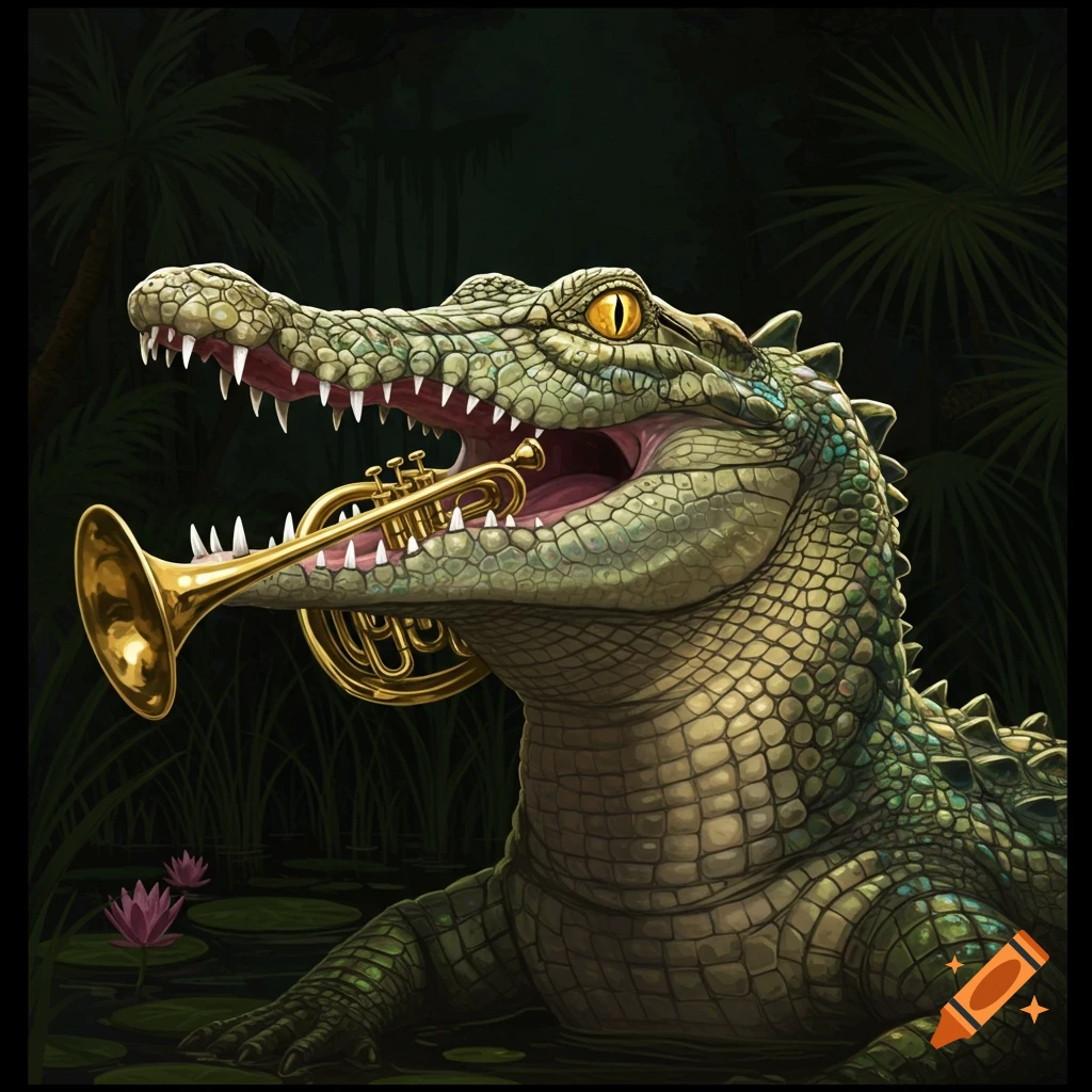 An illustration of a large alligator in a swamp with its mouth open ...