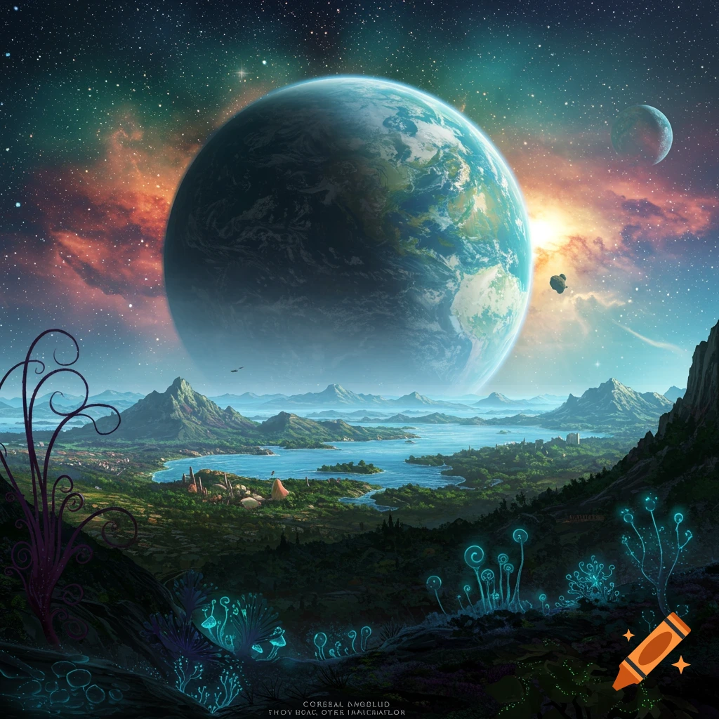 Giant planet hangs in colorful cosmic sky over lush alien landscape ...