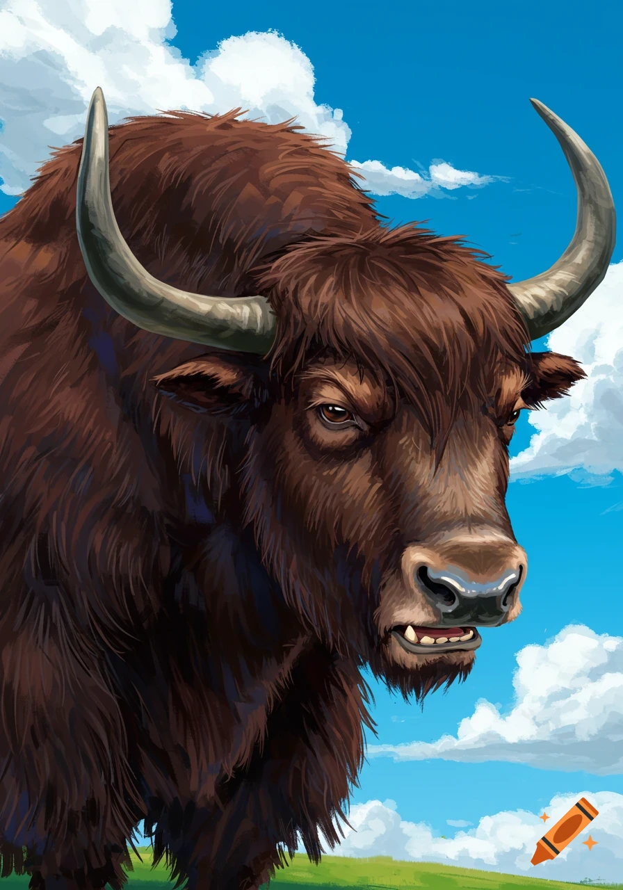 Detailed illustration of an angry yak in a field under a blue sky. on ...