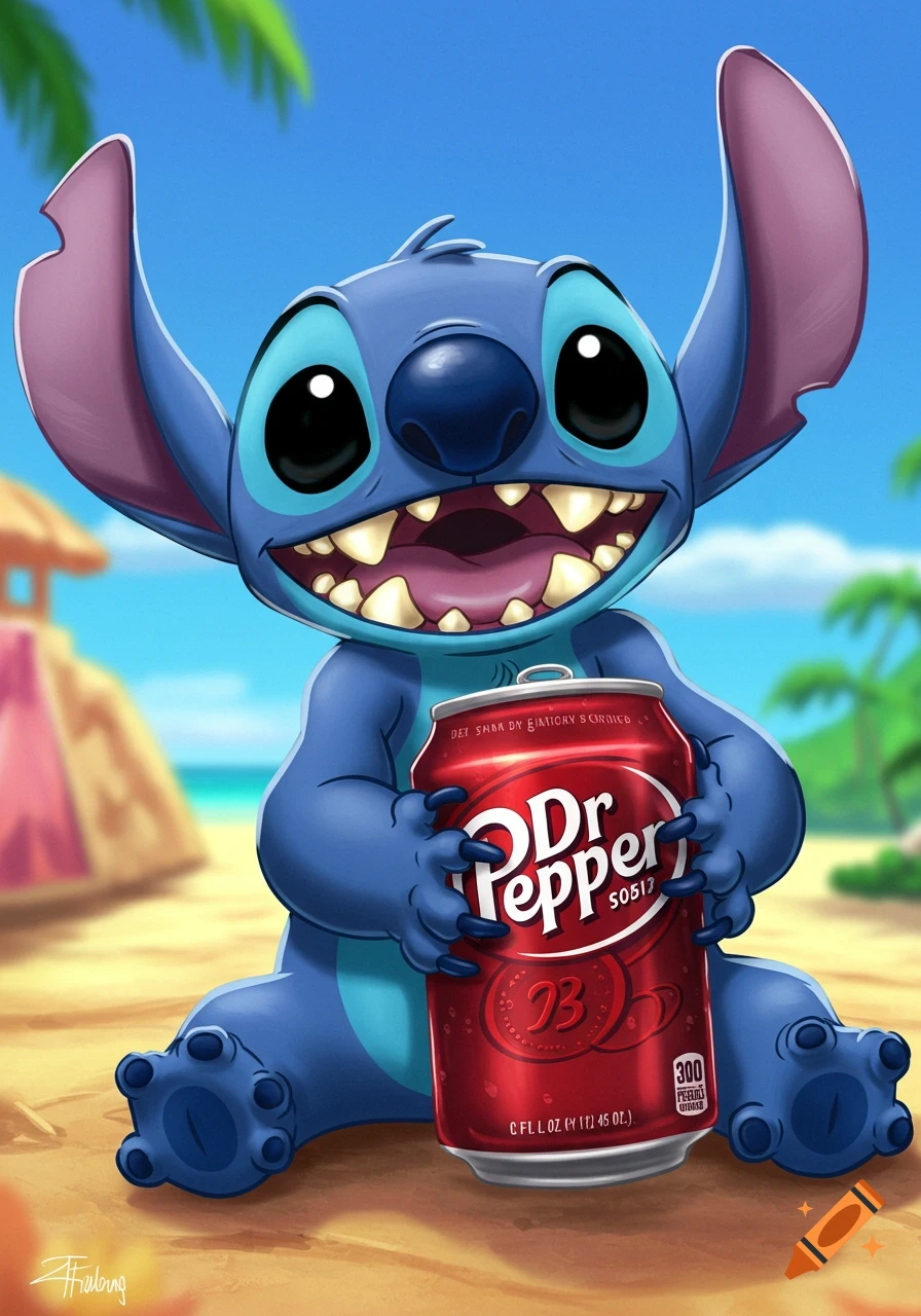 Cartoon illustration of Stitch holding a Dr Pepper can on a beach on ...