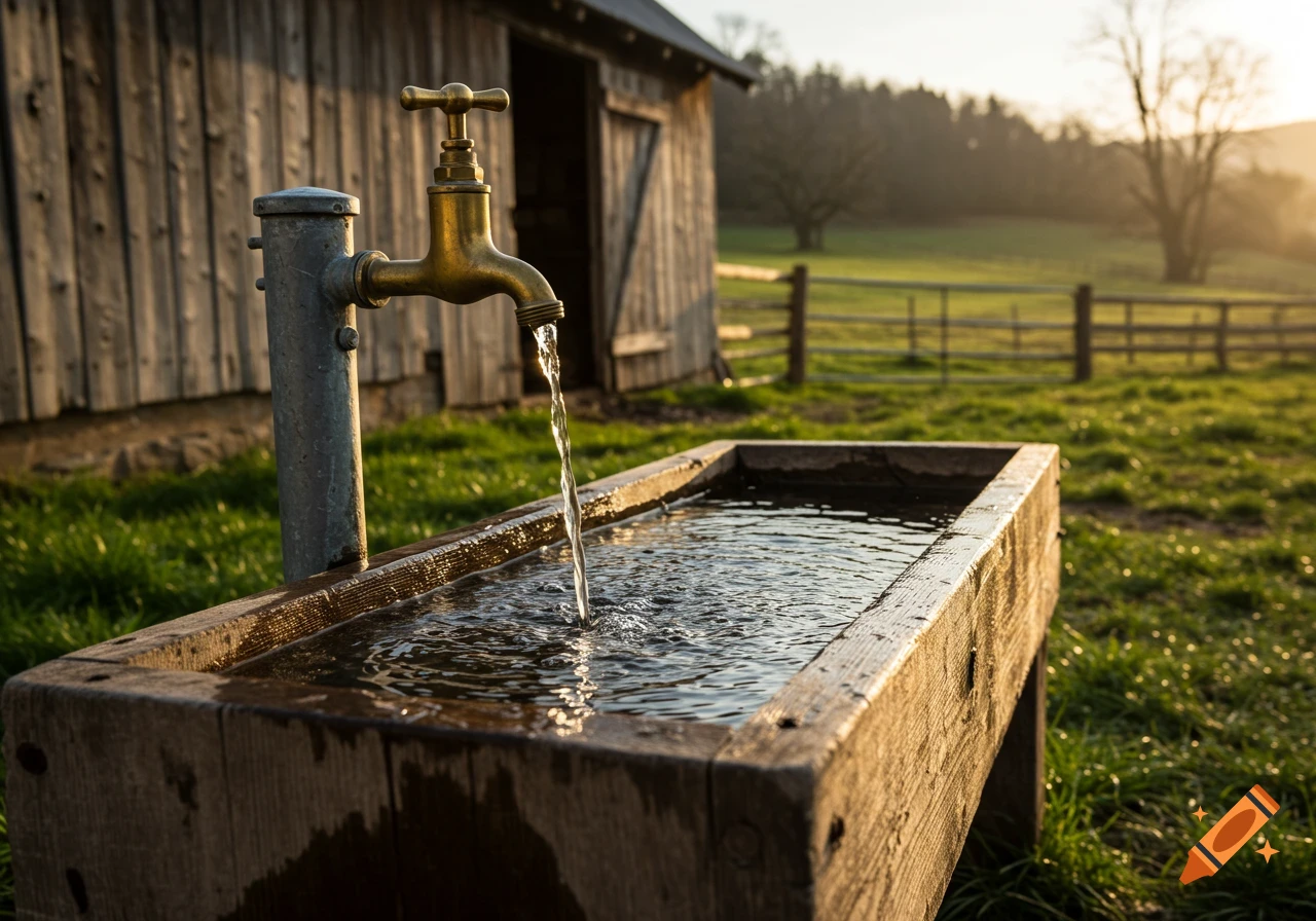A spigot fills a wooden water trough in a field with a barn, lit by ...