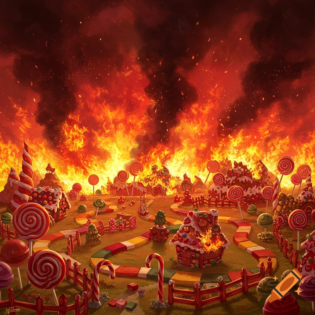 A fantasy candy land landscape is engulfed in fire and smoke. on Craiyon