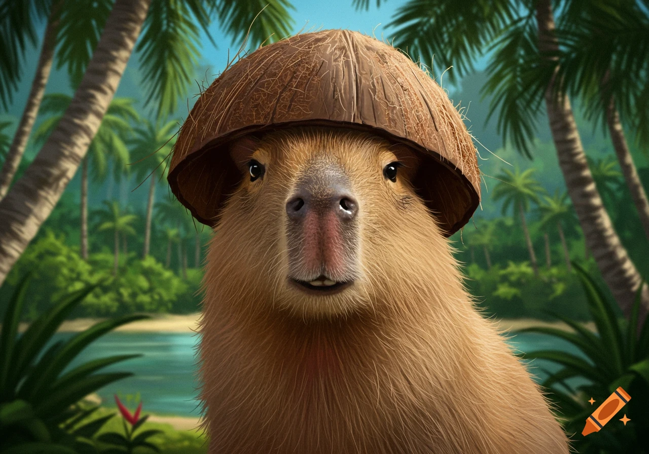 A capybara wearing a coconut shell hat in a tropical jungle setting. on ...