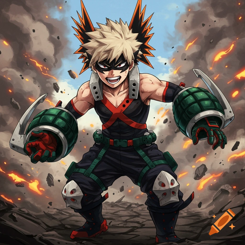 Anime illustration of Katsuki Bakugo from My Hero Academia in an action ...