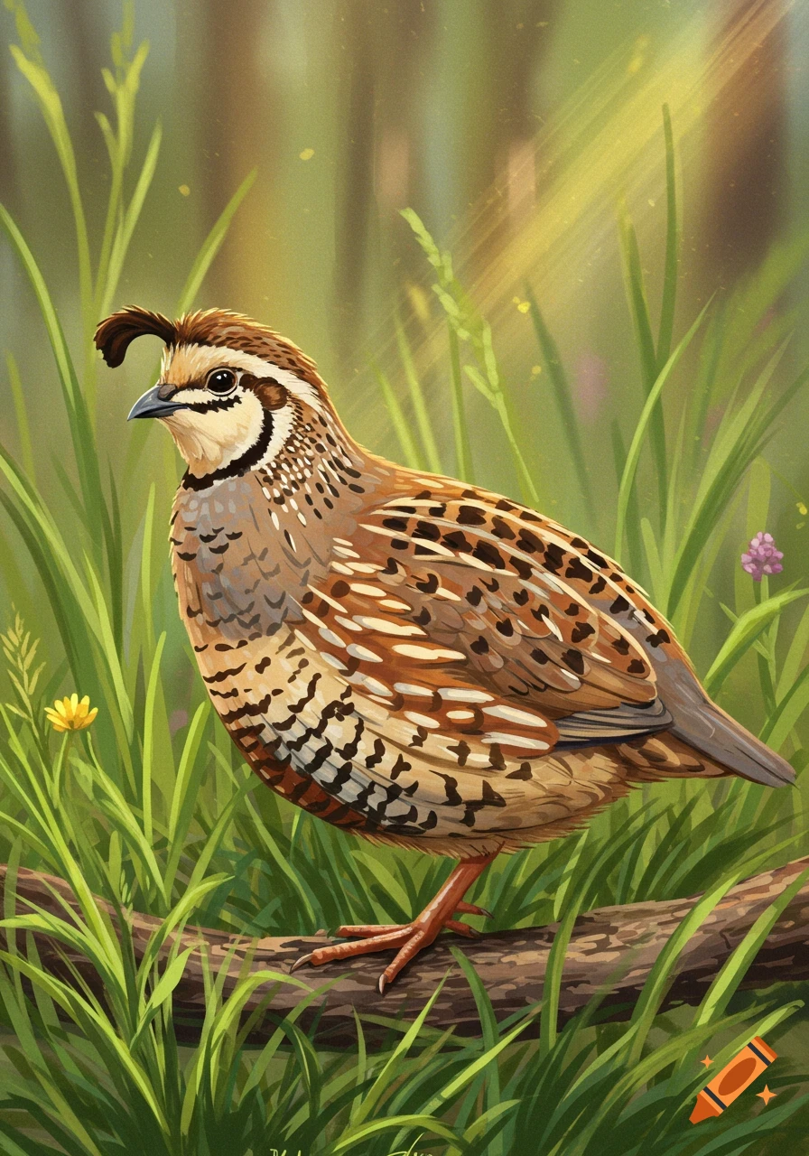 Illustration of a quail perched on a log in tall grass with sunbeams ...