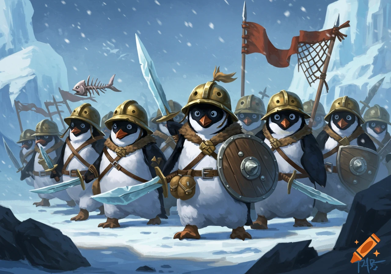 Illustration of a penguin army in armor standing in a snowy landscape ...