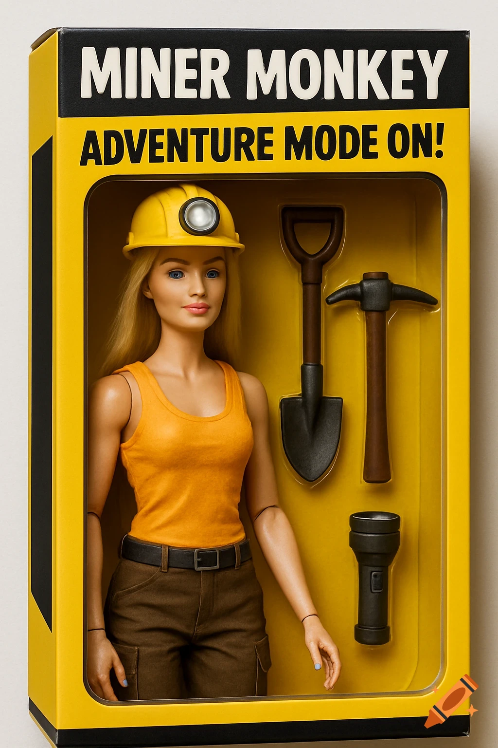 Realistic doll in a yellow and black toy box with 'MINER MONKEY ...