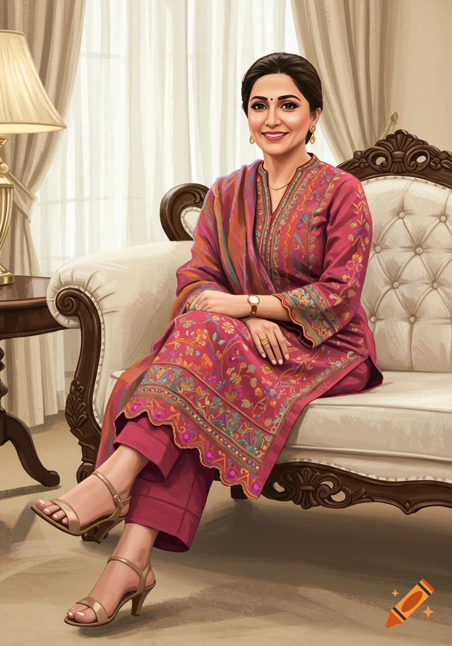 Realistic portrait of a Pakistani woman sitting on a sofa wearing ...