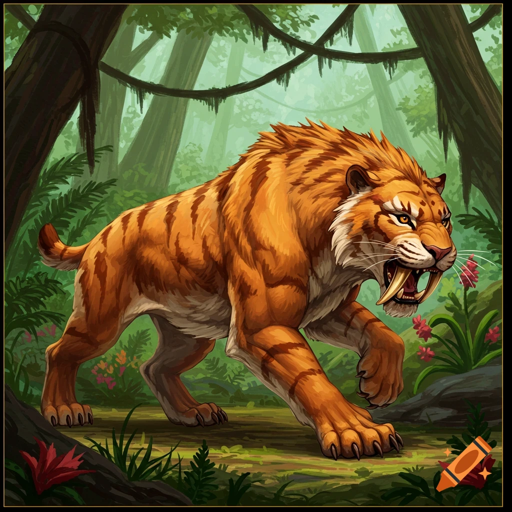 Illustration of a saber-tooth tiger stalking through a jungle. on Craiyon