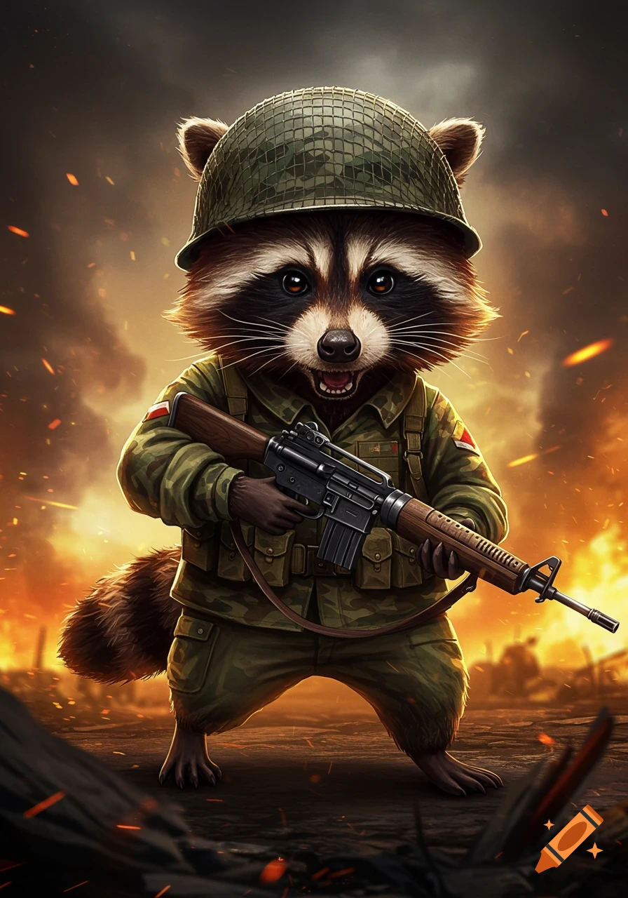 Cartoon raccoon in military uniform holding a rifle in a battlefield on ...