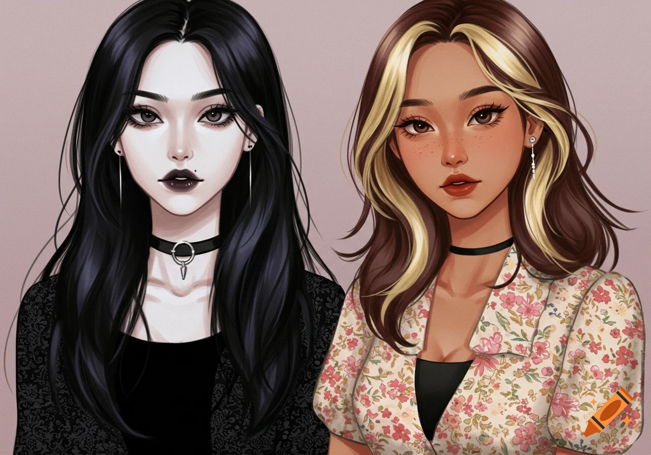 Manhwa style portrait of two young women, one gothic with black hair ...