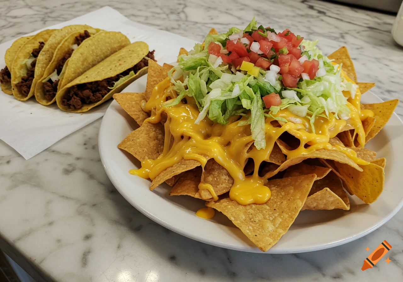 A plate of cheesy nachos topped with lettuce and pico de gallo next to ...