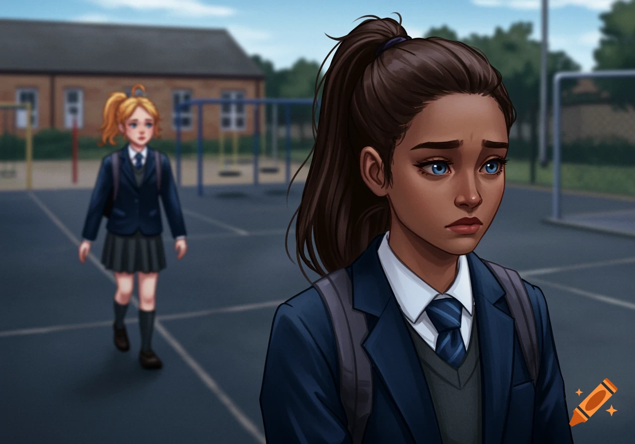 Illustration of a sad girl in school uniform in a playground, another ...