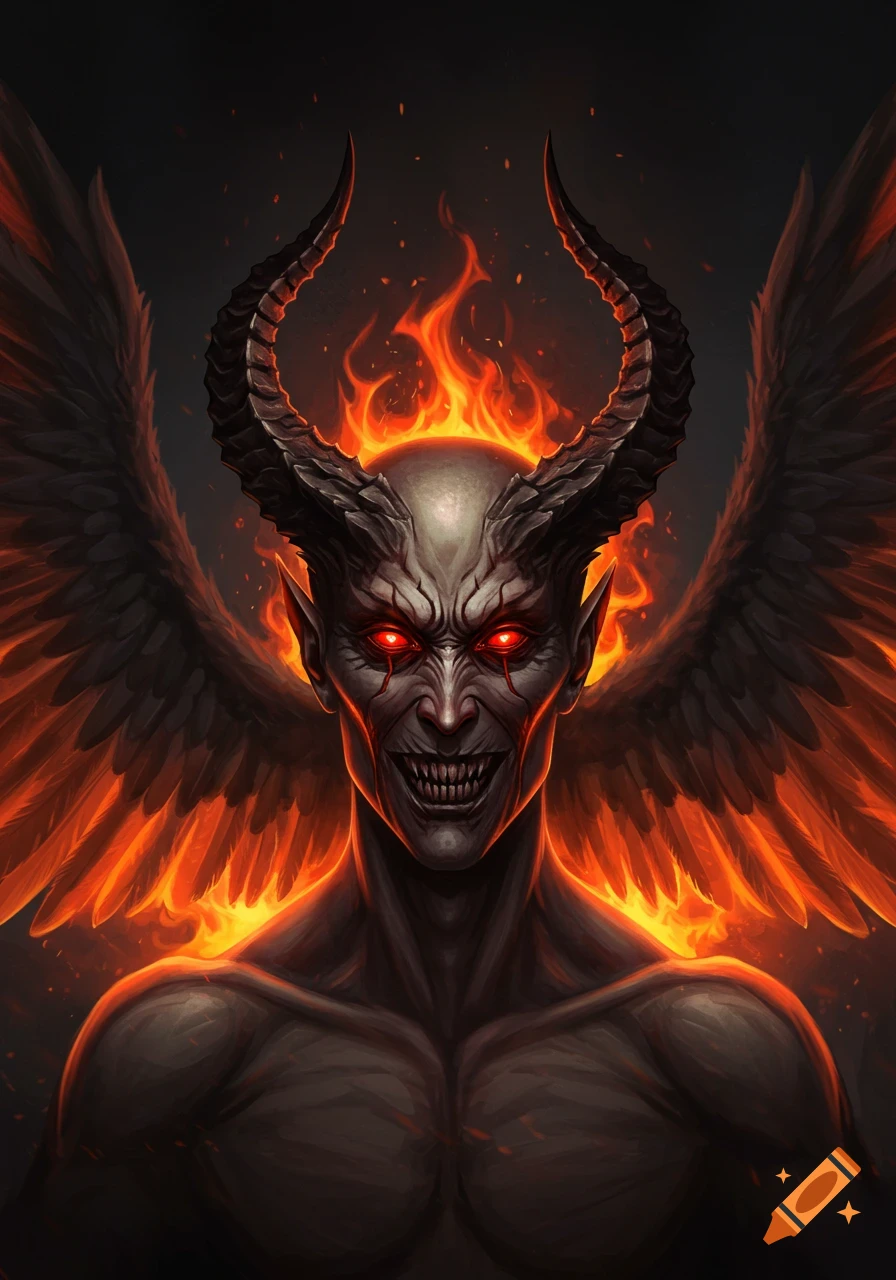 Close-up portrait of a demonic figure with horns, red eyes, sharp teeth, black wings, and fire ...