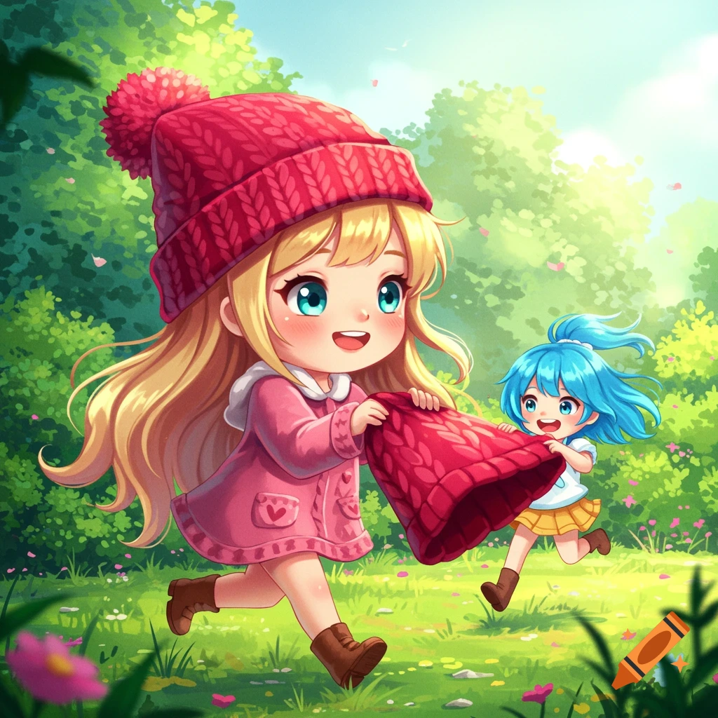 Two chibi anime girls play with a red knitted hat in a park. on Craiyon