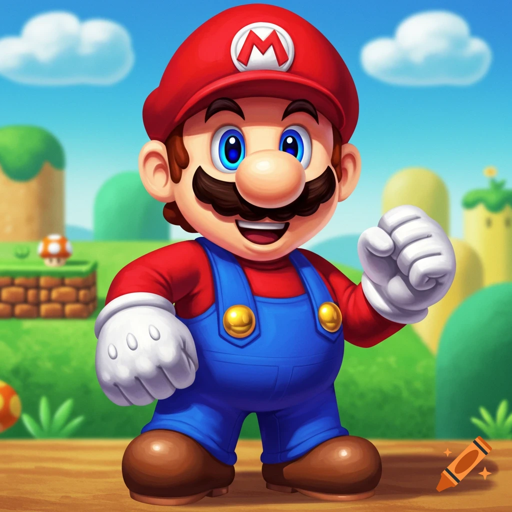 Cartoon illustration of Mario standing in a brightly colored video game ...