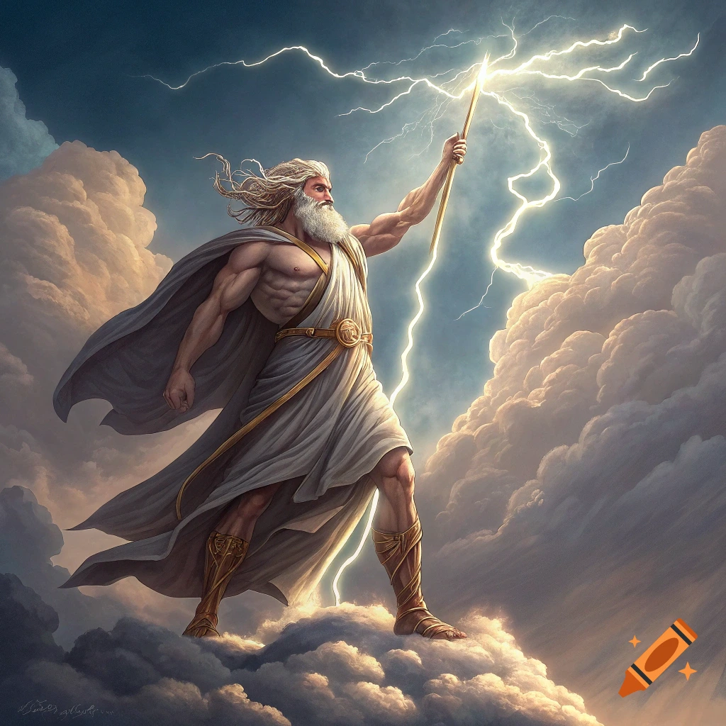 Mythical god figure standing on clouds casting lightning. on Craiyon