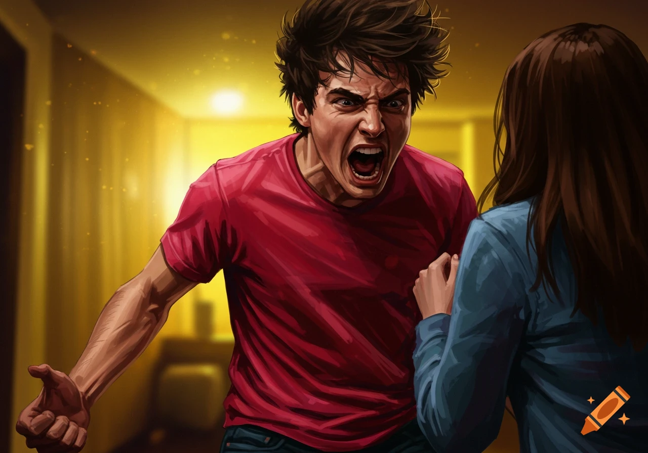 Digital illustration of an angry man in a red shirt yelling at a woman ...