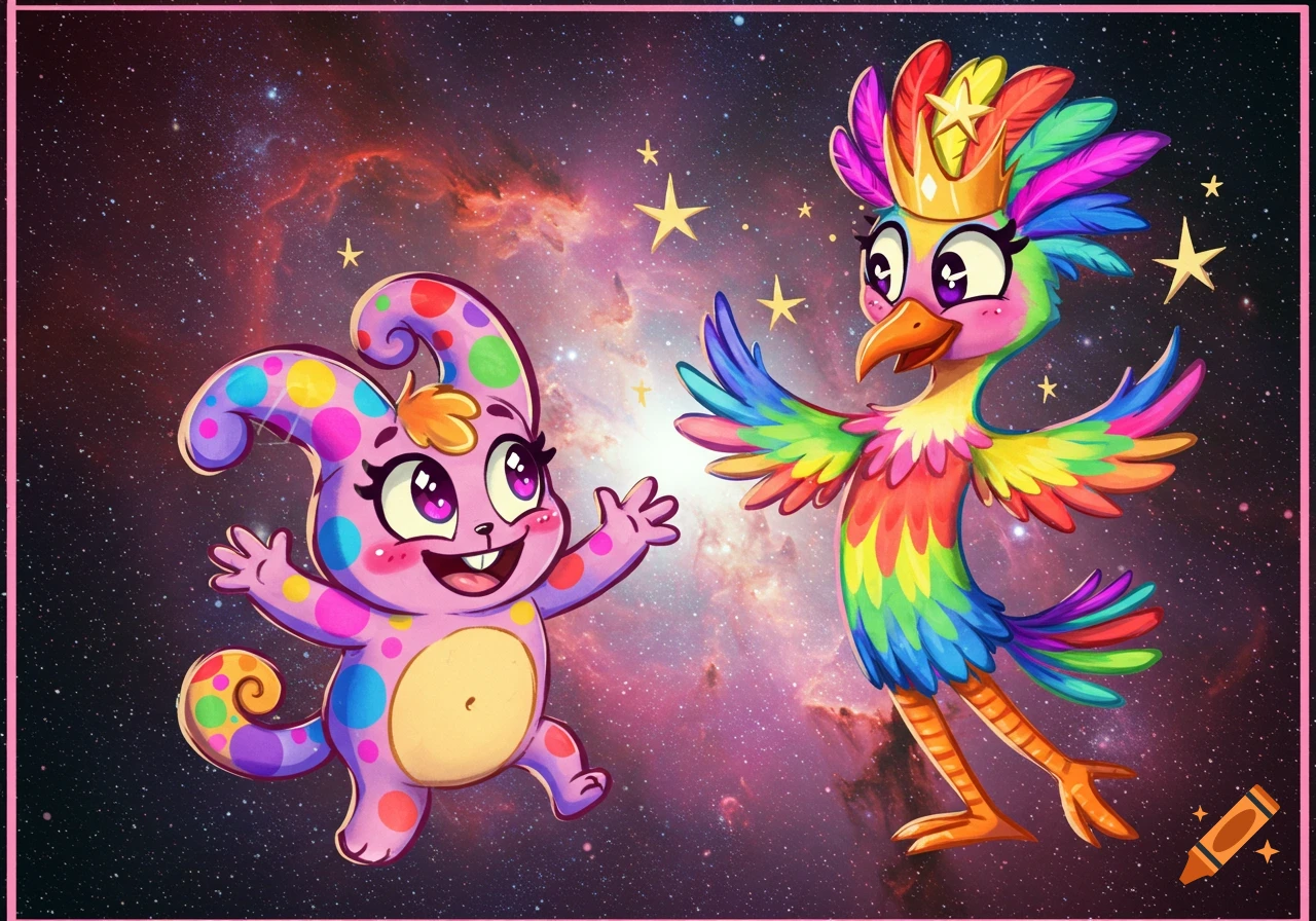 A colorful cartoon rabbit-like creature and a rainbow bird with a crown ...