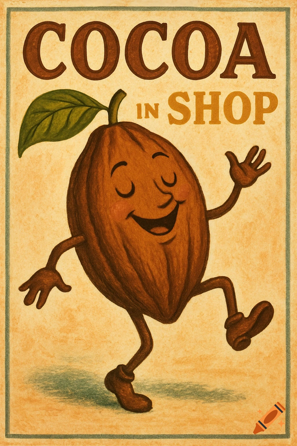 Cartoon cocoa bean character dances on a vintage poster with 'COCOA IN ...