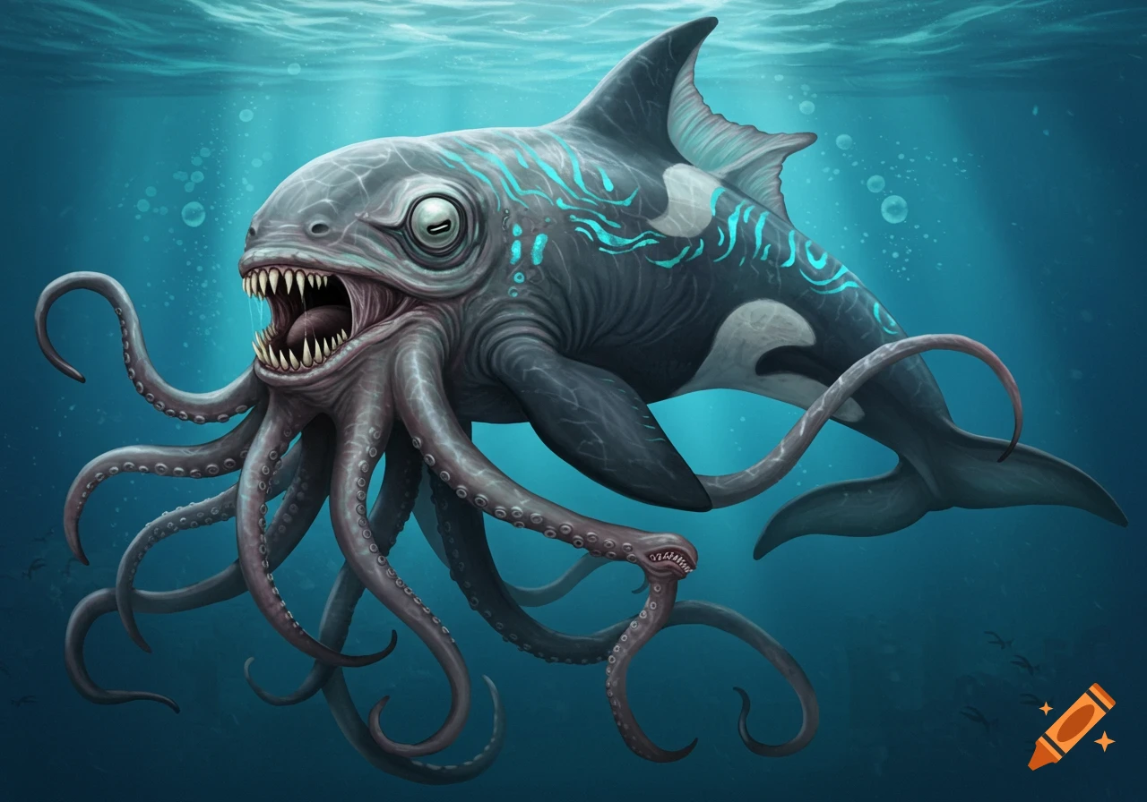 A monstrous octopus-orca hybrid creature with many tentacles and a ...