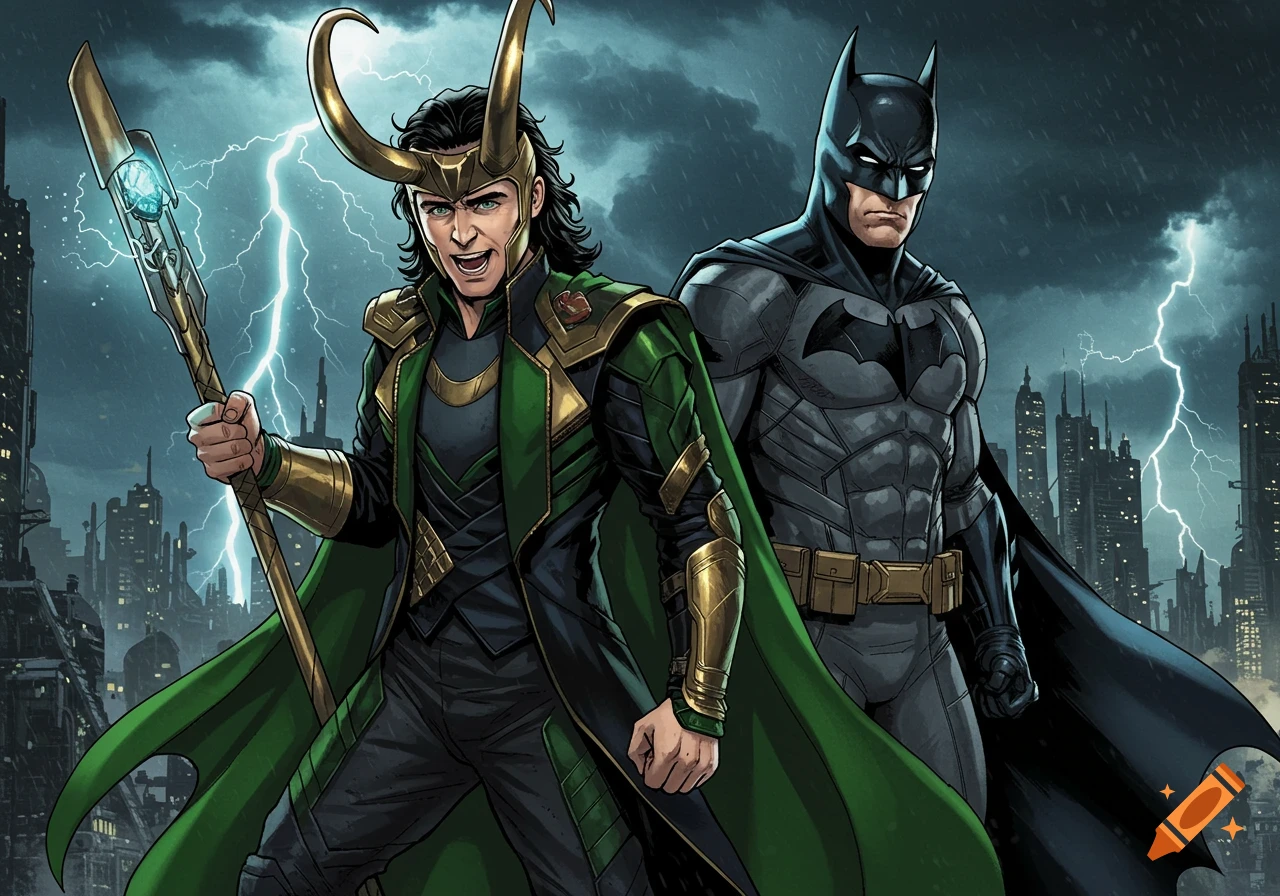 Comic book illustration of Loki and Batman standing in front of a city ...