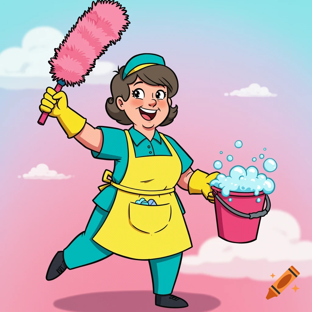 Cartoon woman cleaner holding a pink duster and a pink bucket of suds ...