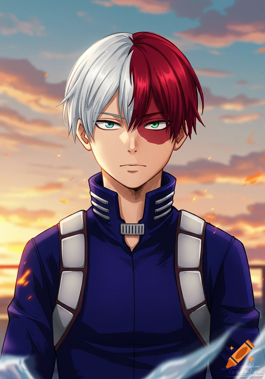 Anime portrait of Shoto Todoroki with split red/white hair and scar ...