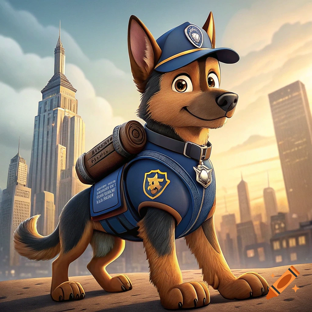 Cartoon German Shepherd police dog (Chase) stands in a city street with ...